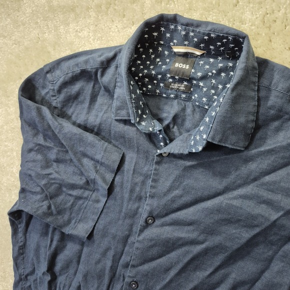 Hugo Boss | Shirts | Hugo Boss Linen Shirt Blue Short Sleeve Stretch ...
